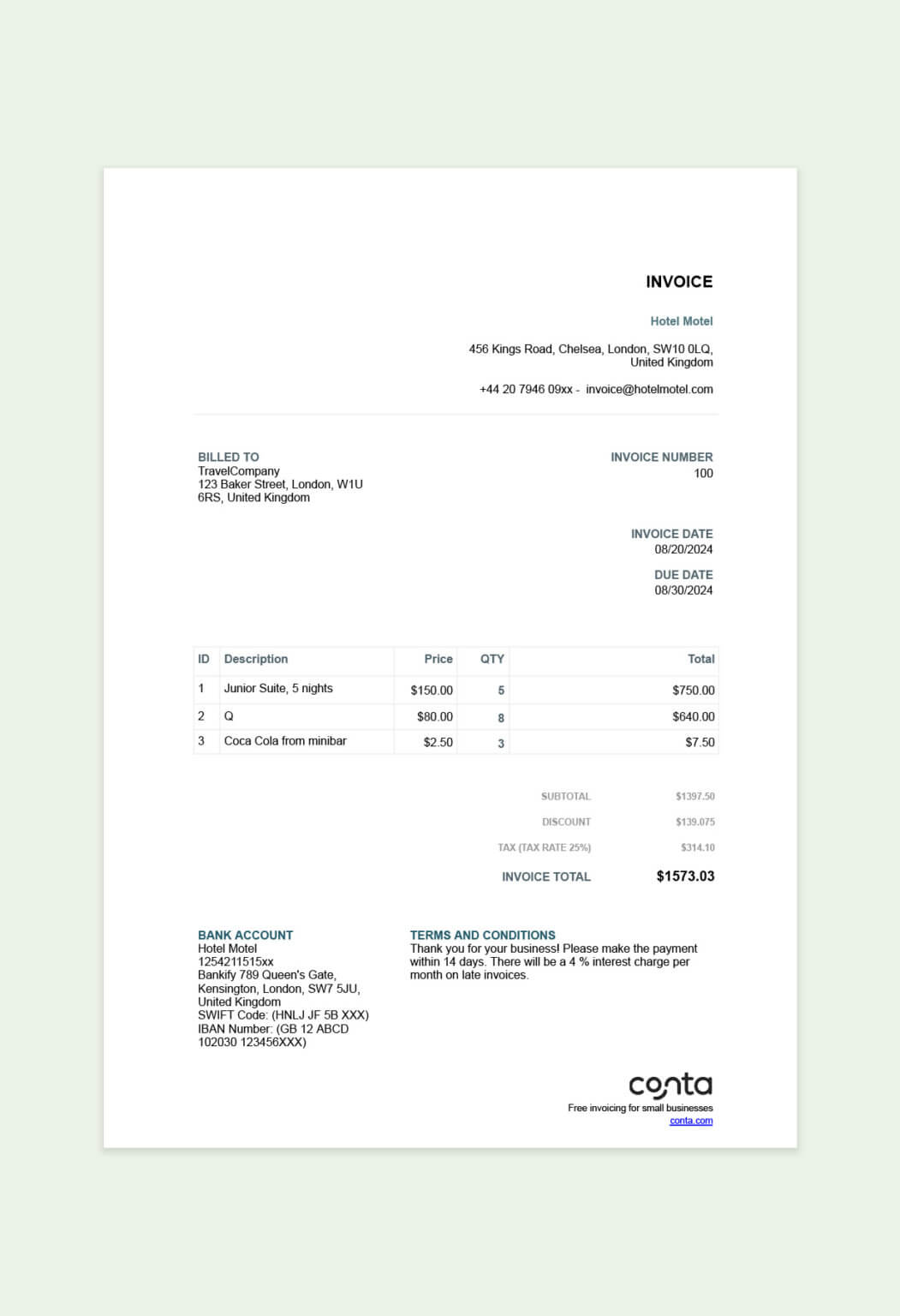Template for hotel bill - With an example | Conta