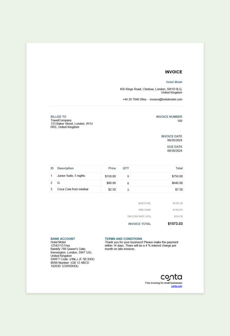 Template for hotel bill - With an example | Conta